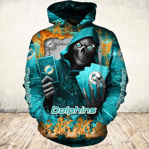 Nfl Miami Dolphins Hoodie 3D Halloween Death Card - Bluefink