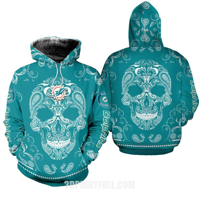 Nfl Miami Dolphins Zip Hoodie Bandana Skull Limited Edition - Bluefink