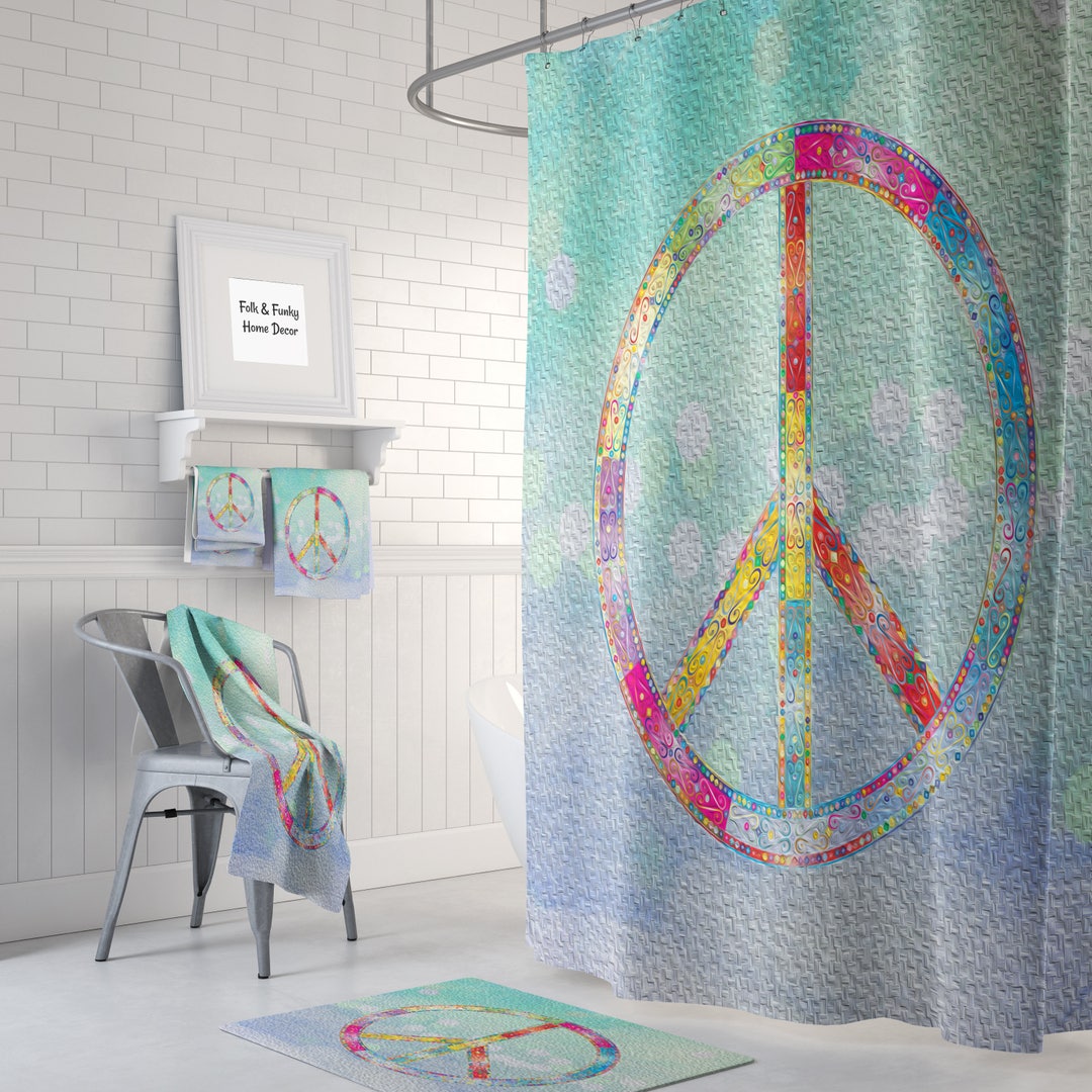 Peace Sign Shower Curtain Optional Bath Mat Bathroom Set Boho Hippie ...