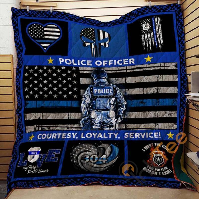 Police Officer Courtesy Loyalty Quilt Blanket Bedding Set - Bluefink