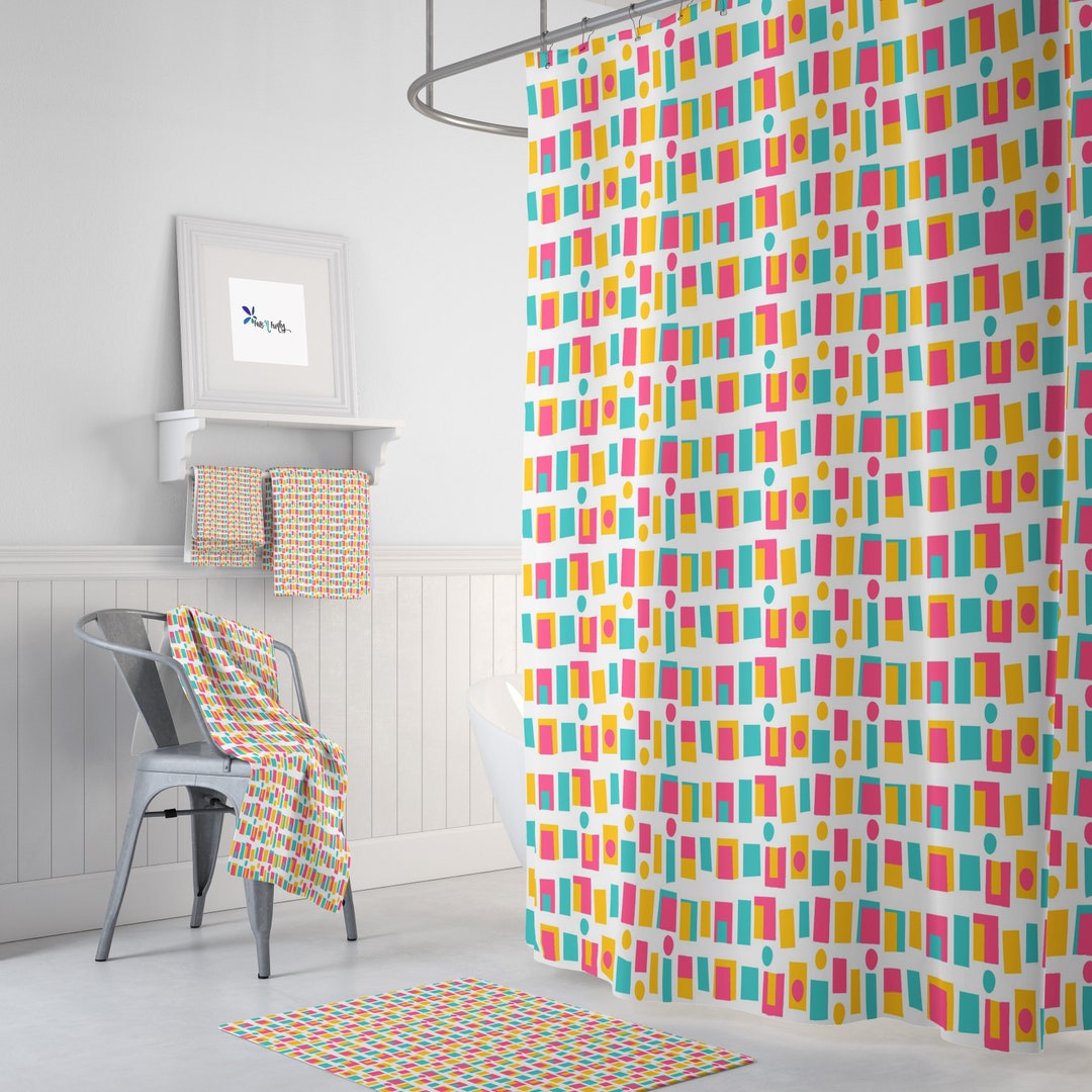 Retro Mid Century Shower Curtain, Modern Block Pattern - Bluefink