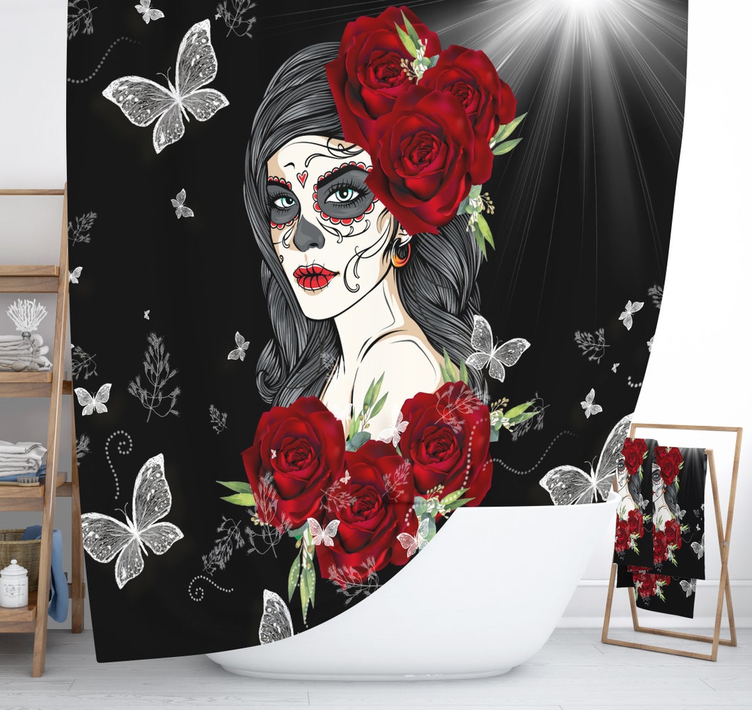 Sugar Skull Shower Curtain, Day Of The Dead Girl Skull, Red Roses ...