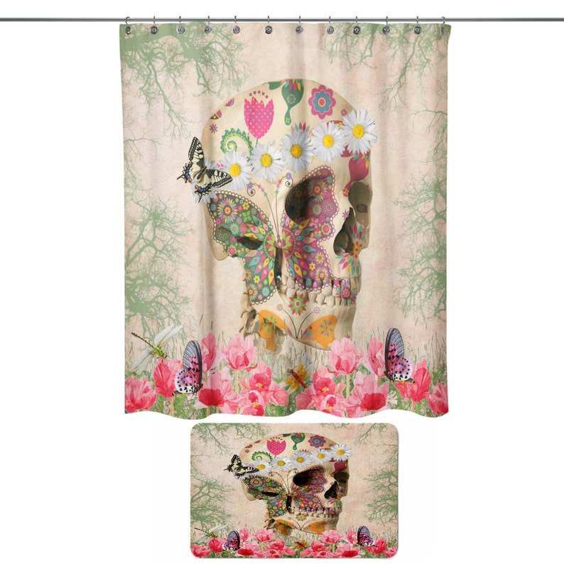 Sugar Skull Shower Curtain, Day Of The Dead, Retro Boho Hippie Skull ...