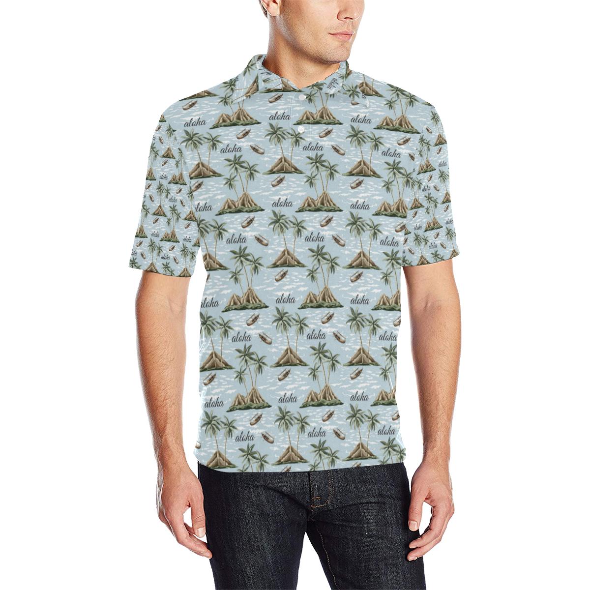 Aloha Hawaii Island Design Themed Print Men Polo Shirt - Bluefink