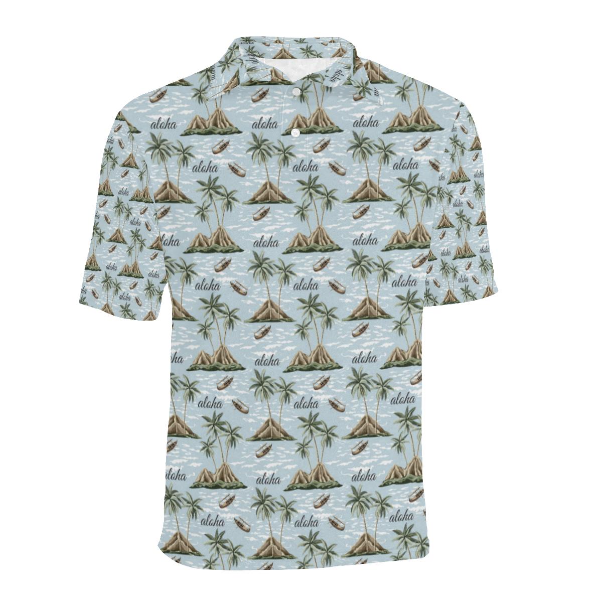 Aloha Hawaii Island Design Themed Print Men Polo Shirt - Bluefink