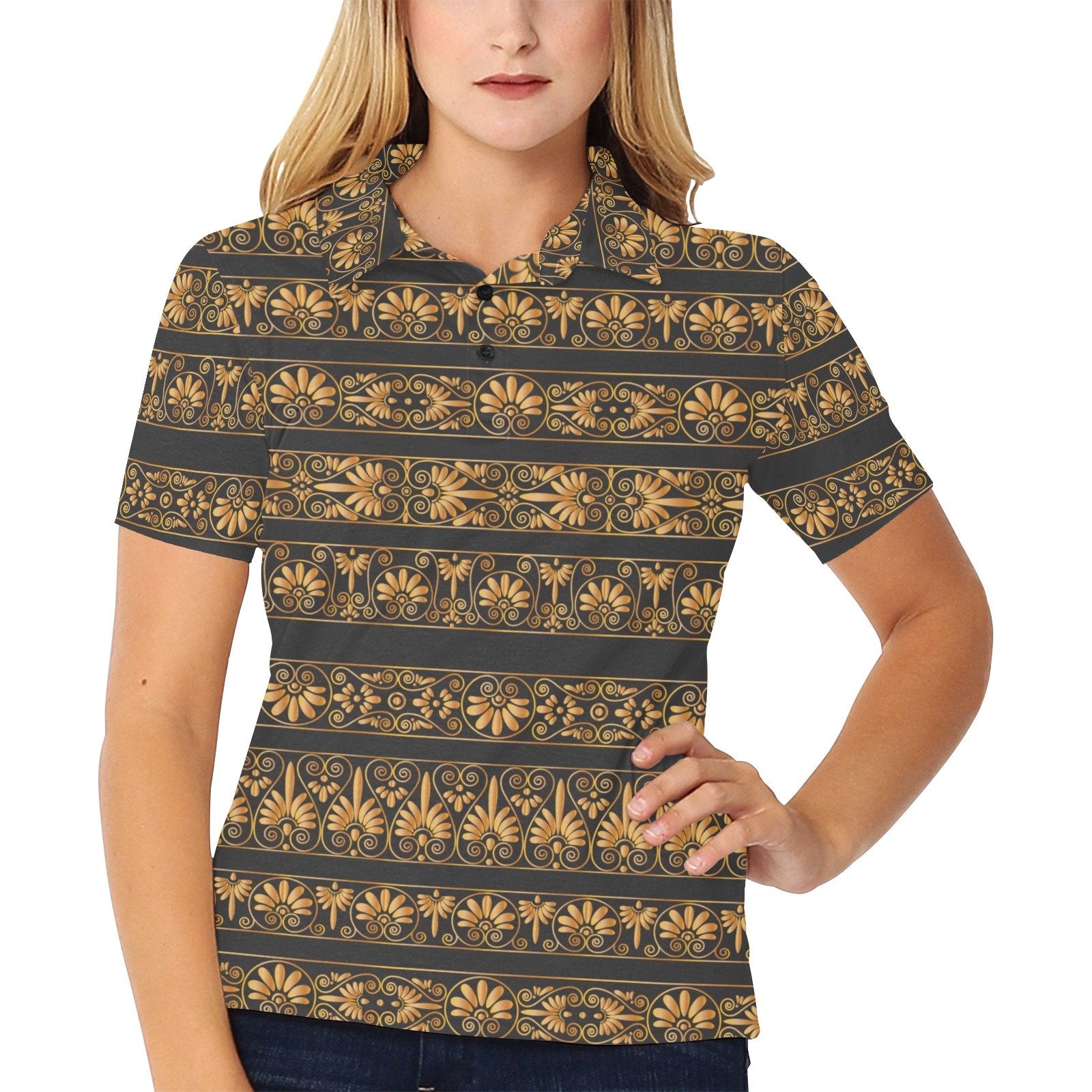 Ancient Greek Print Design Women's Polo Shirt, 3D Polo Shirt - Bluefink