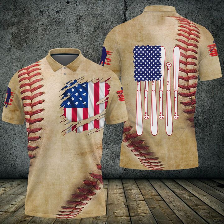 Baseball Ball American Flag 3D All Over Printed Polo Shirt - Bluefink