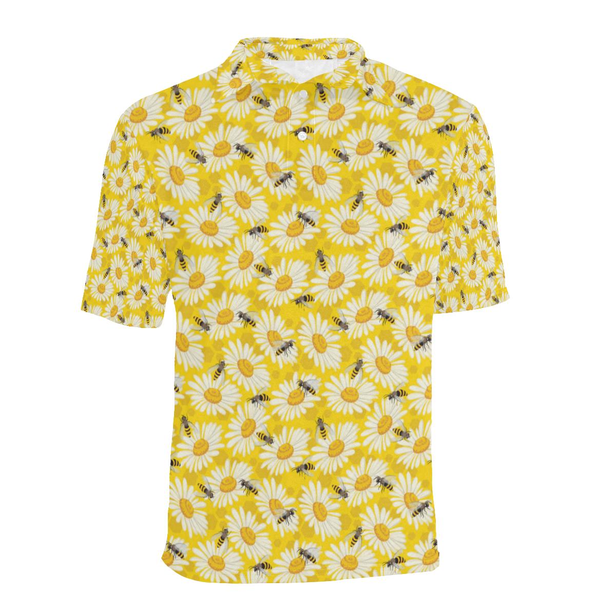 Bee Daisy Pattern Print Design 06 Men Polo Shirt - Bluefink