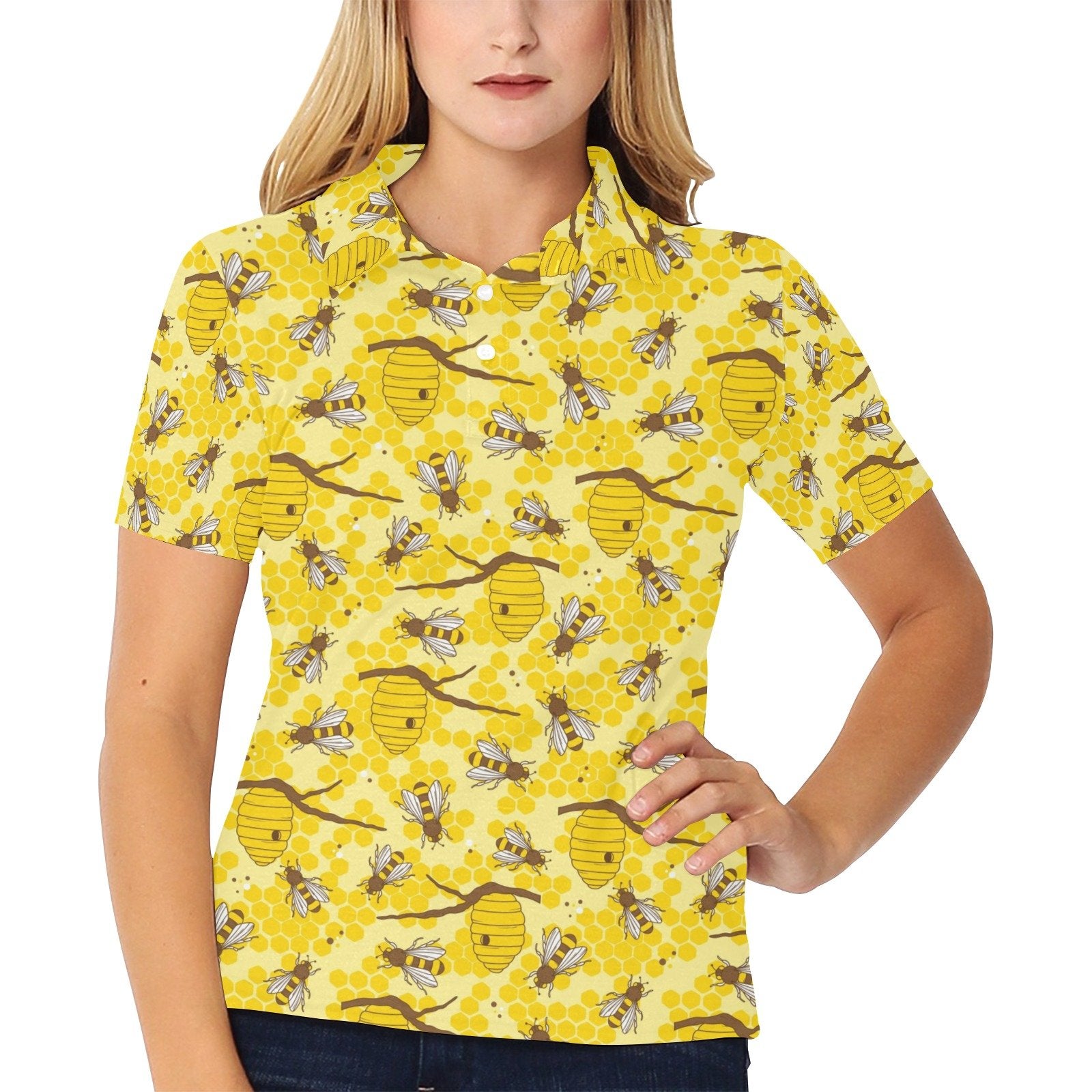 Bee With Honeycomb Print Design Women's Polo Shirt - Bluefink