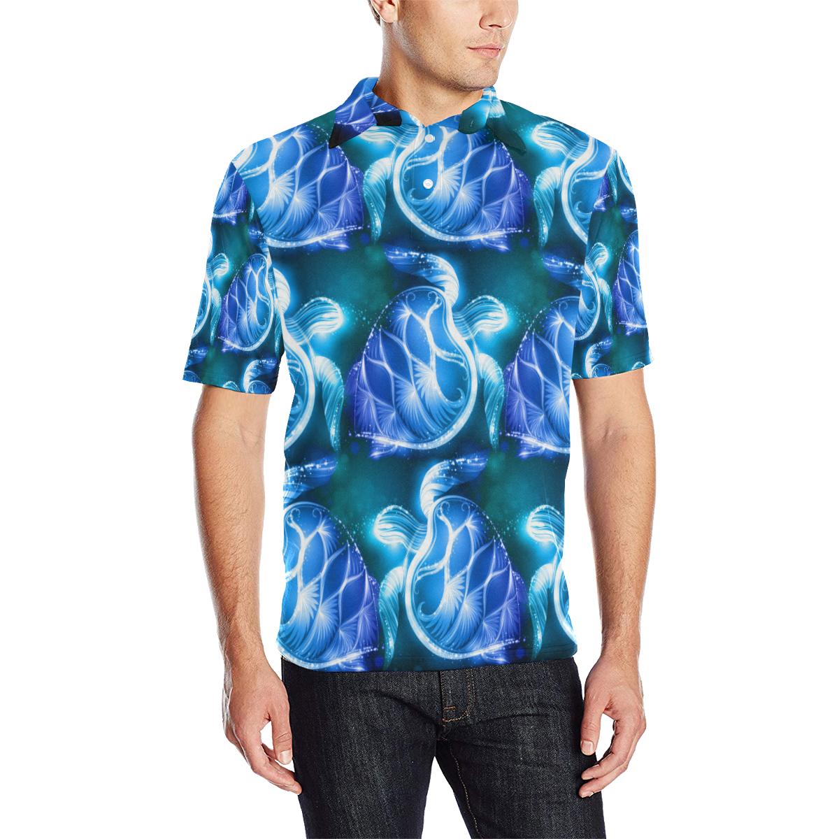 Blue Neon Sea Turtle Print Men Polo Shirt - Bluefink