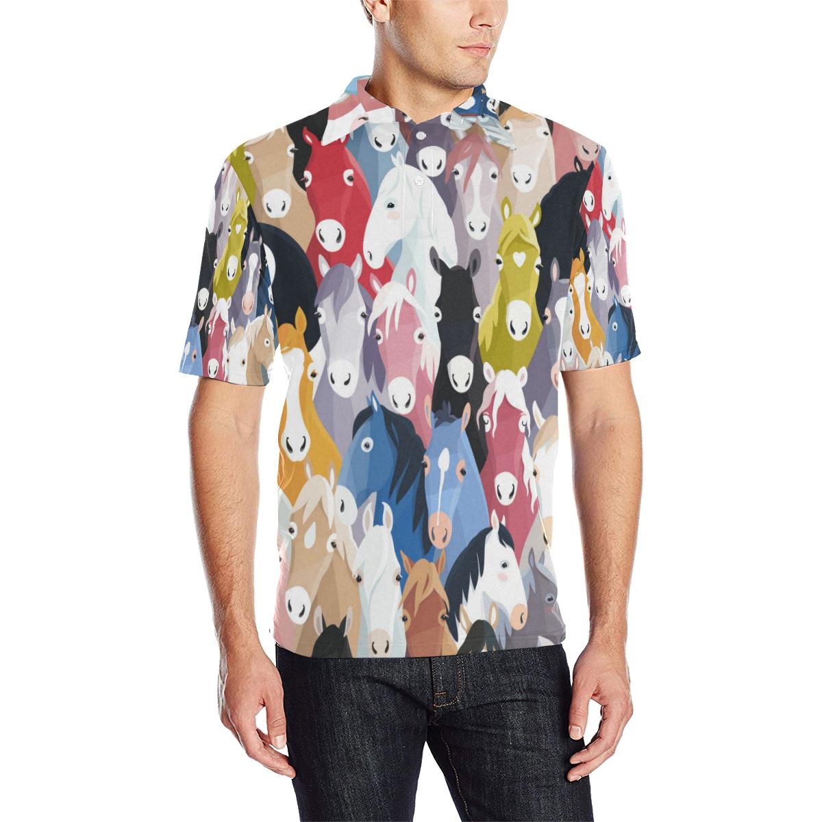 Colorful Horse Pattern Men Polo Shirt - Bluefink