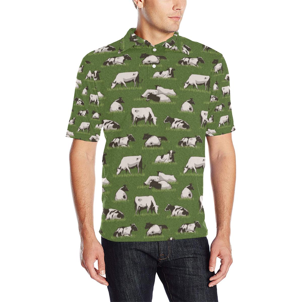 Cow On Grass Print Pattern Men Polo Shirt - Bluefink