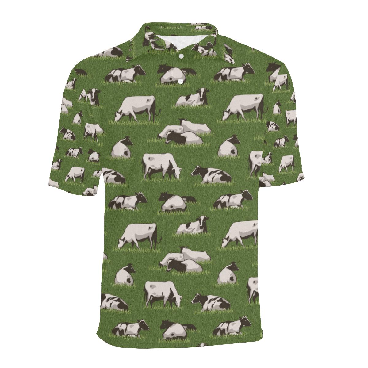 Cow On Grass Print Pattern Men Polo Shirt - Bluefink