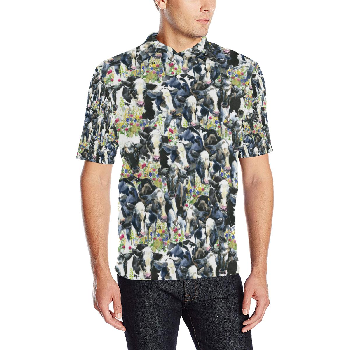 Cow Watercolor Print Pattern Men Polo Shirt - Bluefink