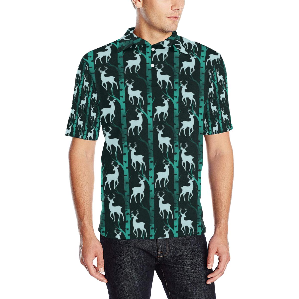Deer Jungle Print Pattern Men Polo Shirt - Bluefink