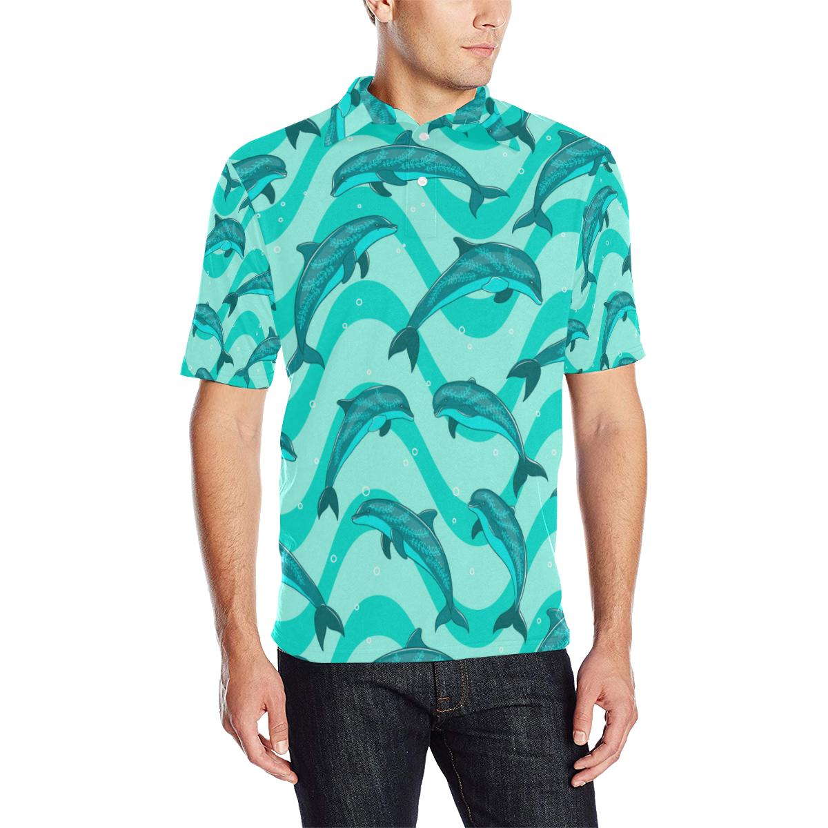 Dolphin Wave Print Men Polo Shirt - Bluefink