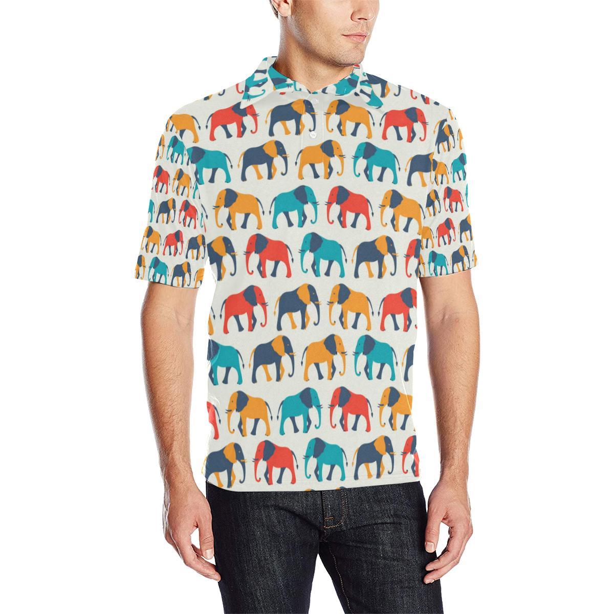Elephant Colorful Print Pattern Men Polo Shirt - Bluefink