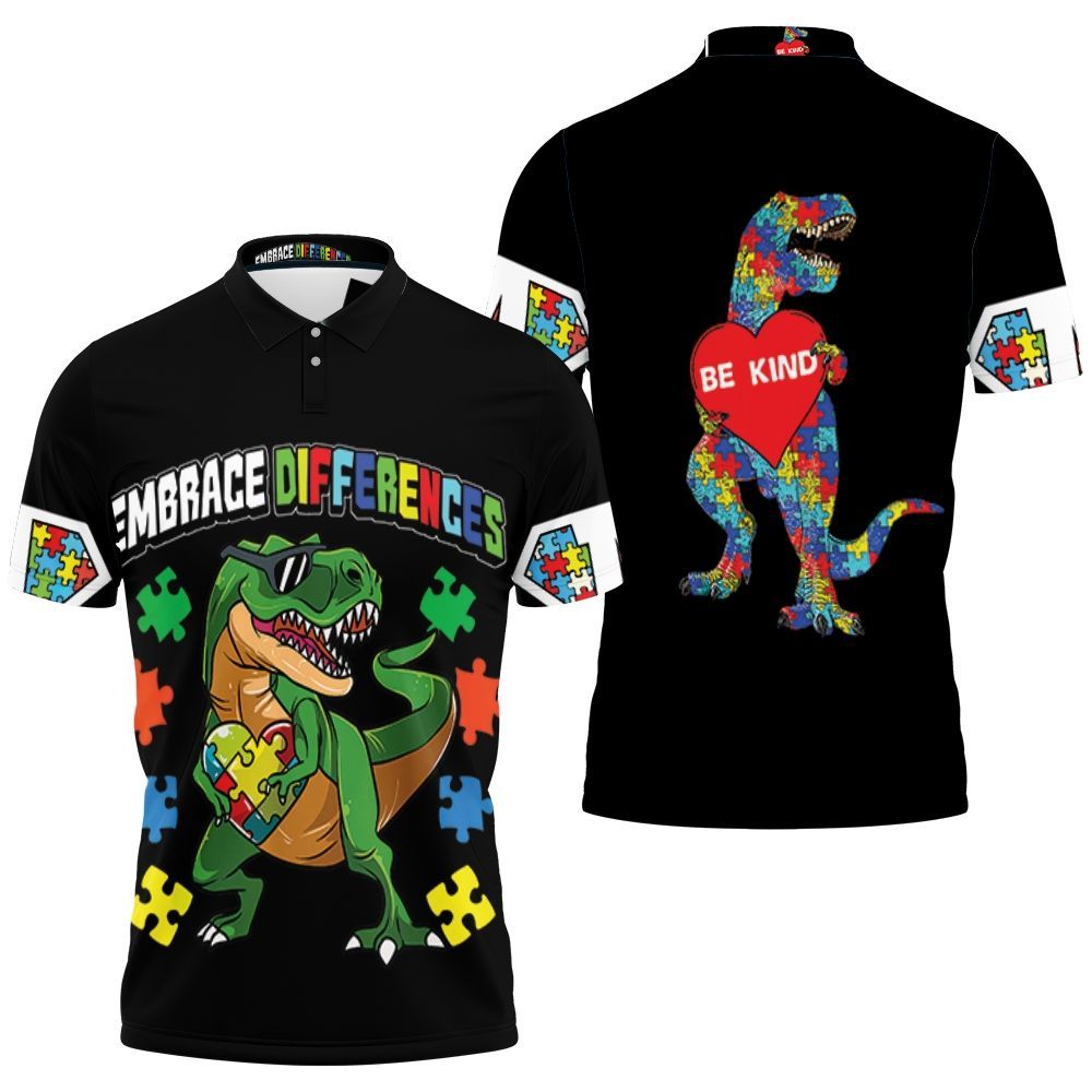 Embrace Differences Dinosaurs Autism Polo Shirt - Bluefink