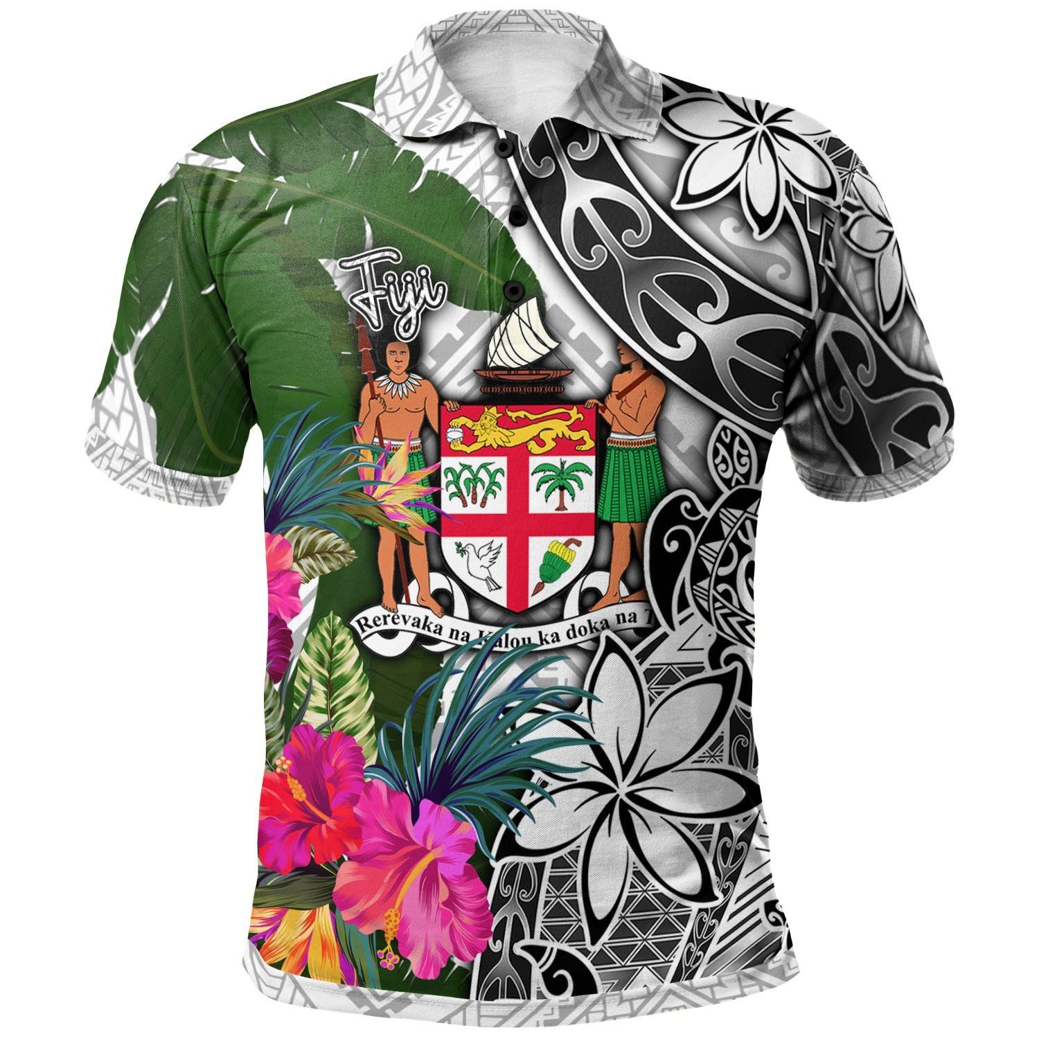 Fiji Polo Shirt White - Turtle Plumeria Banana Leaf Crest - Bluefink