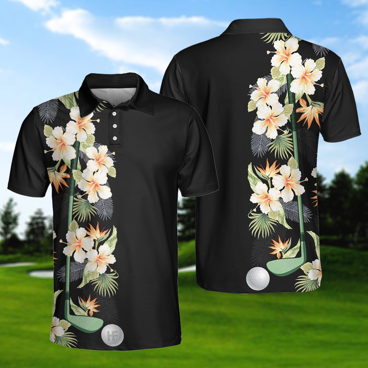 Floral Golf Club And Ball 3D All Over Printed Polo Shirt - Bluefink