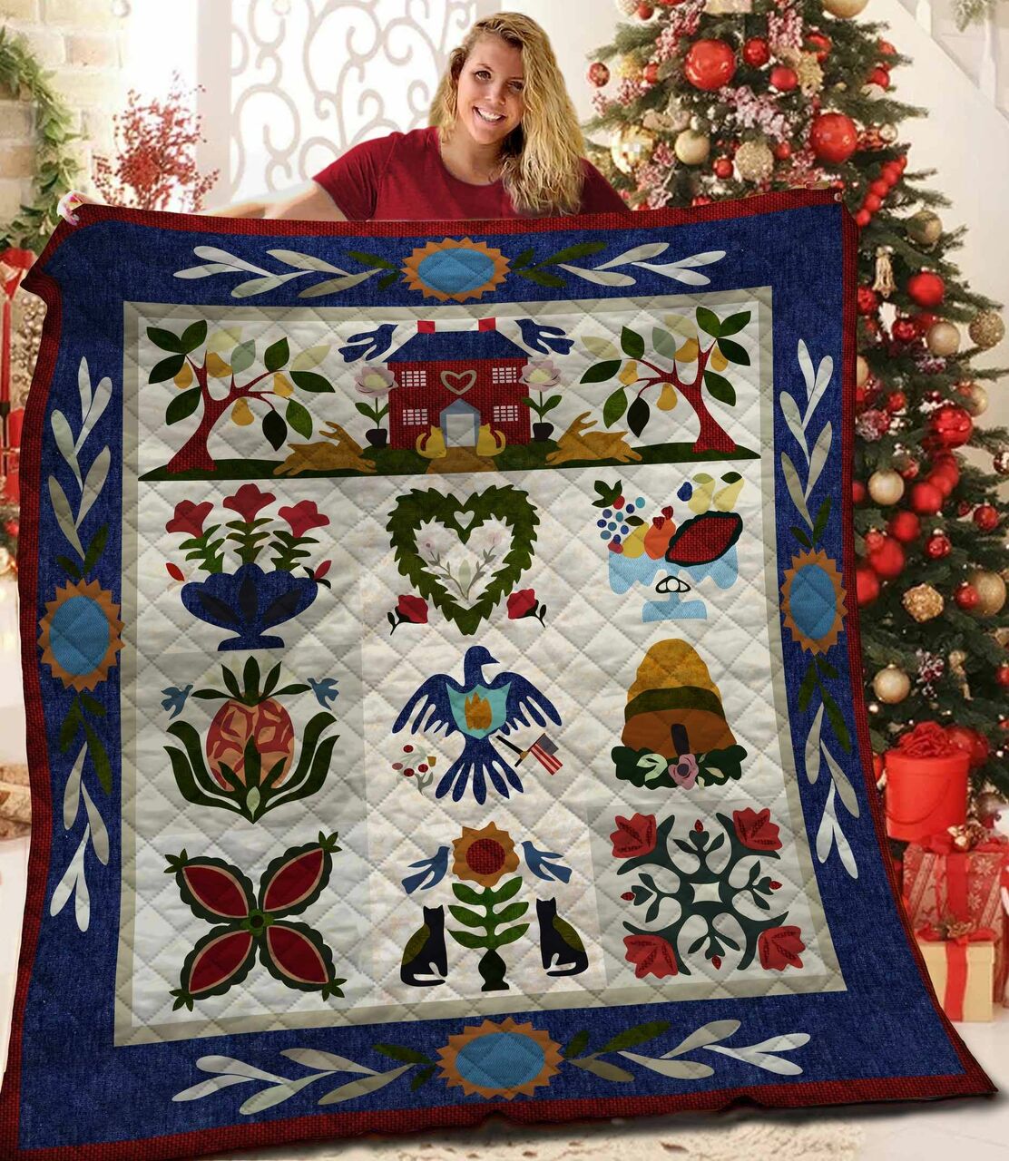 Folk Art Quilt Bedding Set Bedroom Decor, Gifts for Family - Bluefink