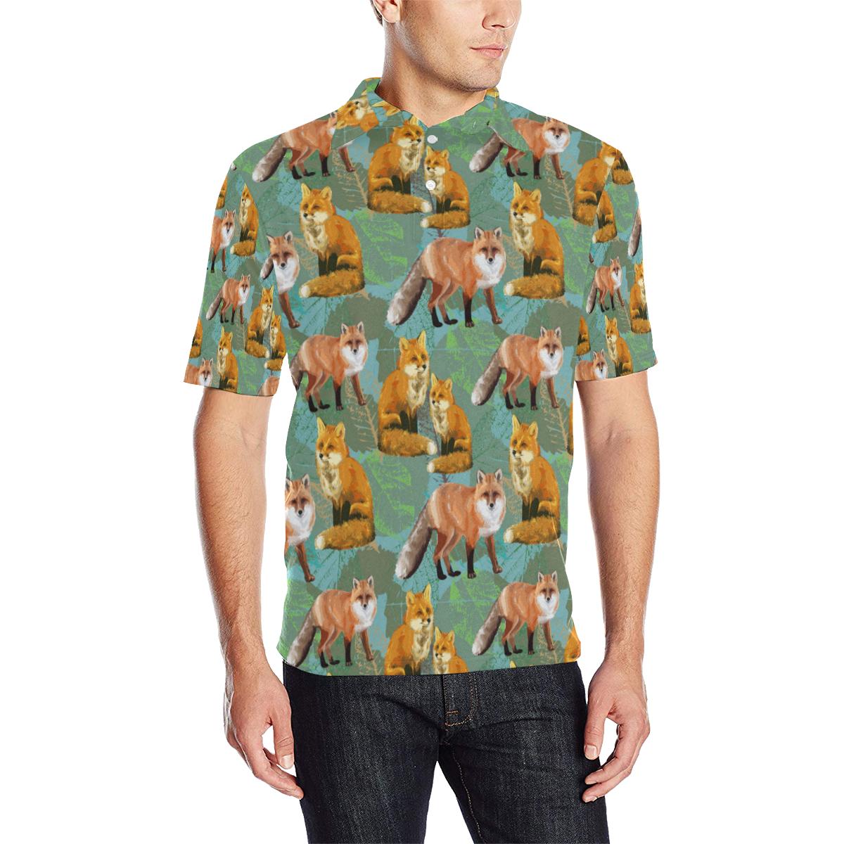 Fox Autumn Leaves Themed Men Polo Shirt - Bluefink