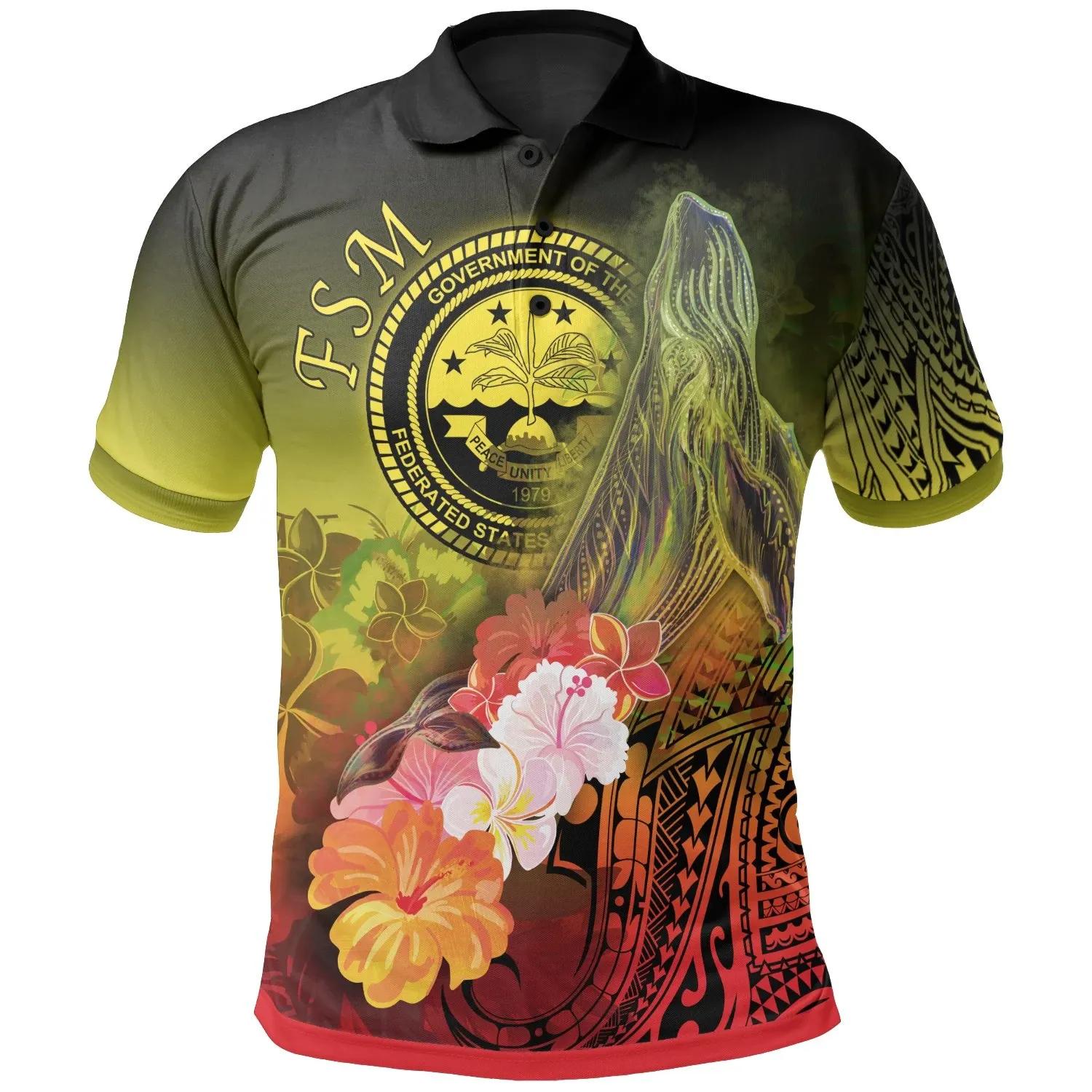 Fsm Polo Shirt - Humpback Whale with Tropical Flowers (Yellow) - Bluefink