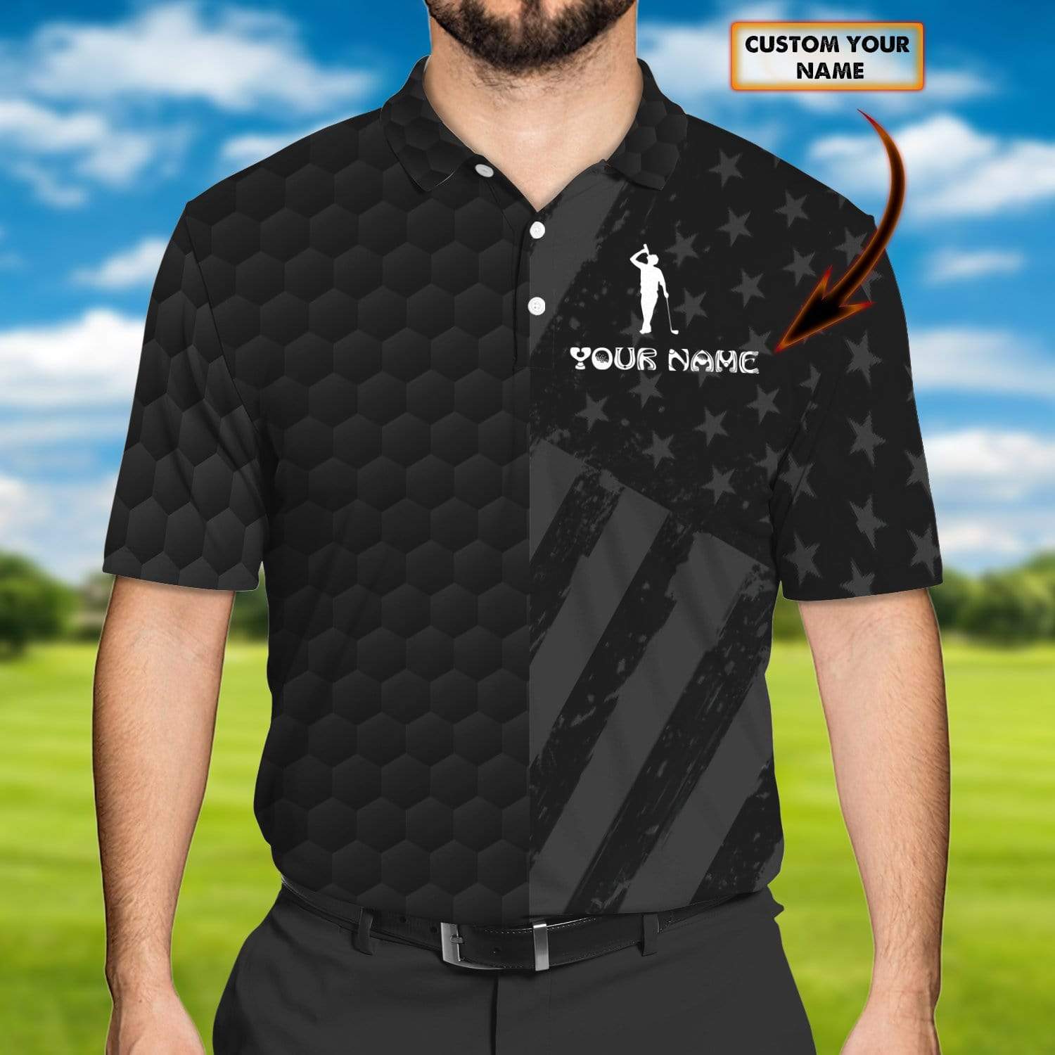 Golf Black Flag Custom Name Polo Shirt - Bluefink