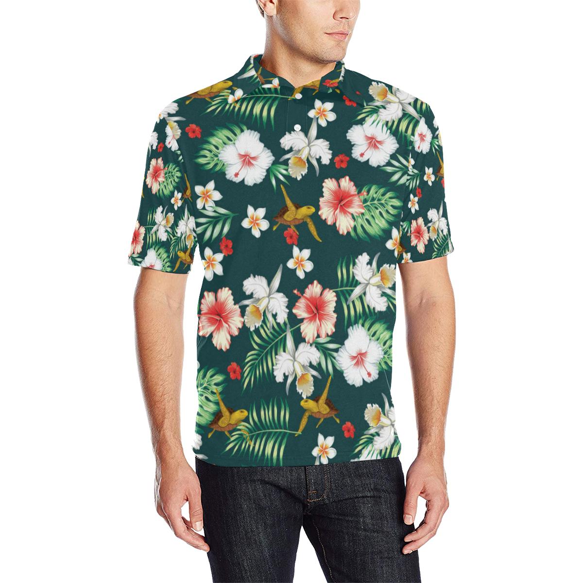 Hawaiian Flower Design With Seaturtle Print Men Polo Shirt - Bluefink