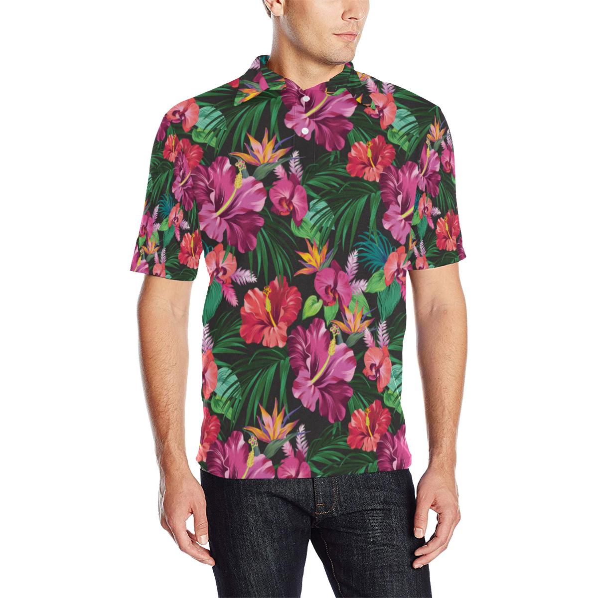 Hawaiian Flower Hibiscus Tropical Men Polo Shirt - Bluefink