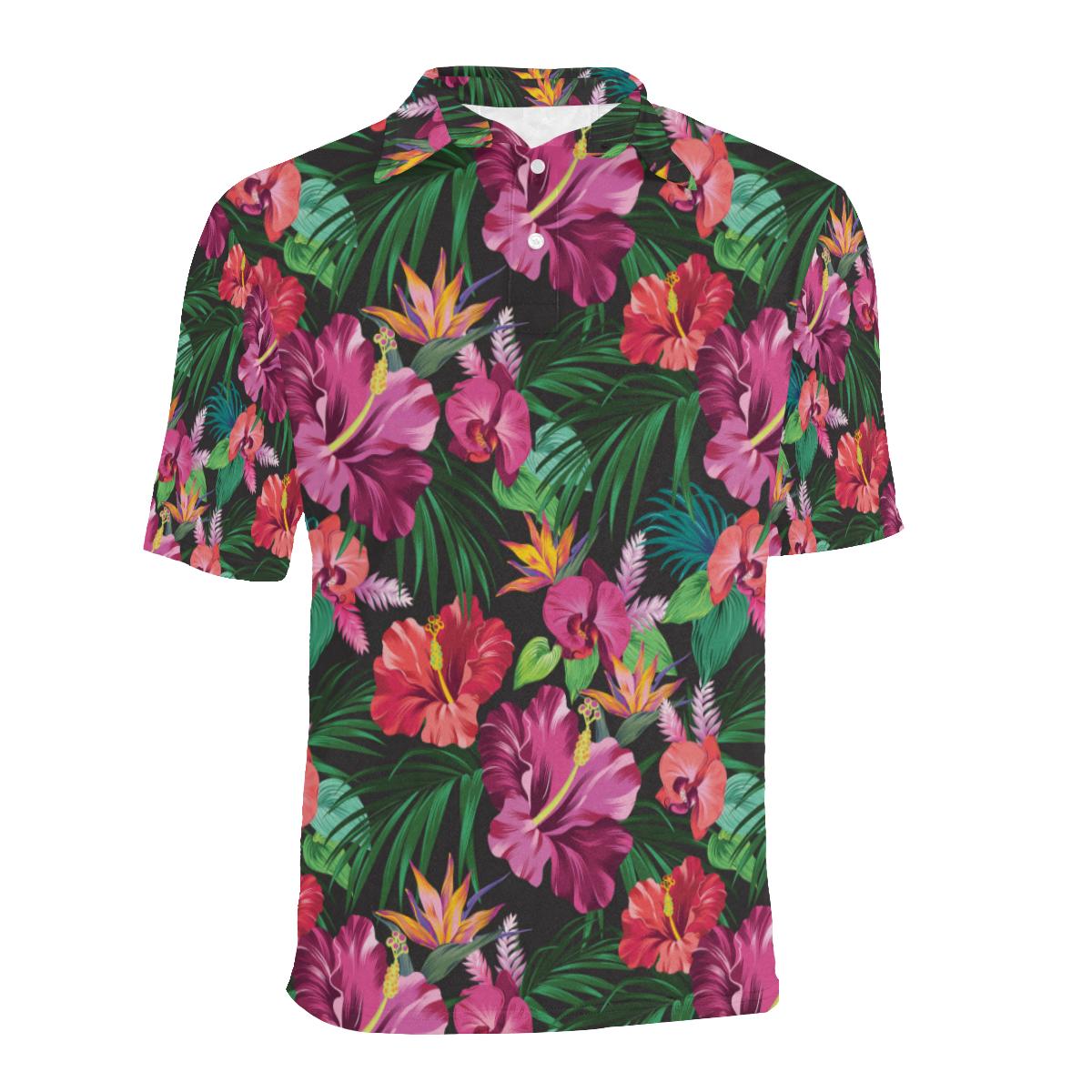 Hawaiian Flower Hibiscus Tropical Men Polo Shirt - Bluefink