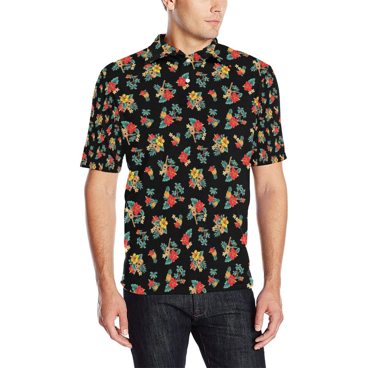 Hawaiian Flower Themed Print Men Polo Shirt - Bluefink