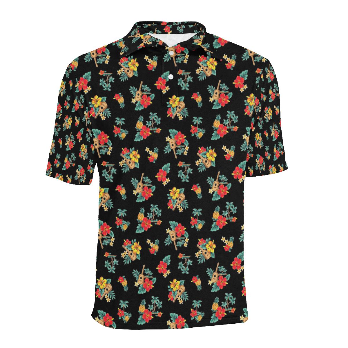 Hawaiian Flower Themed Print Men Polo Shirt - Bluefink