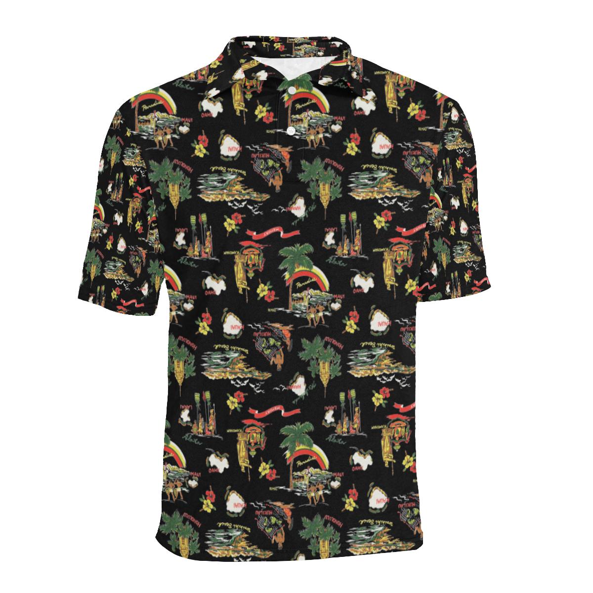 Hawaiian Island Themed Print Men Polo Shirt - Bluefink