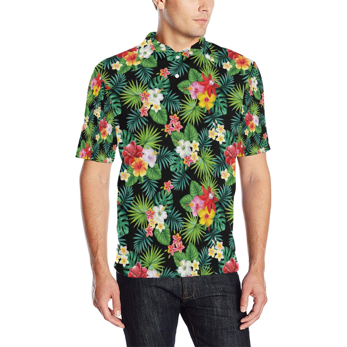 Hibiscus Hawaiian Flower Tropical Men Polo Shirt - Bluefink