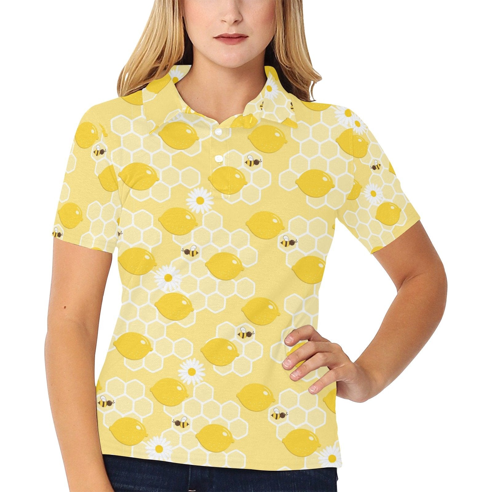 Honey Bee Honeycomb Print Design Women's Polo Shirt - Bluefink