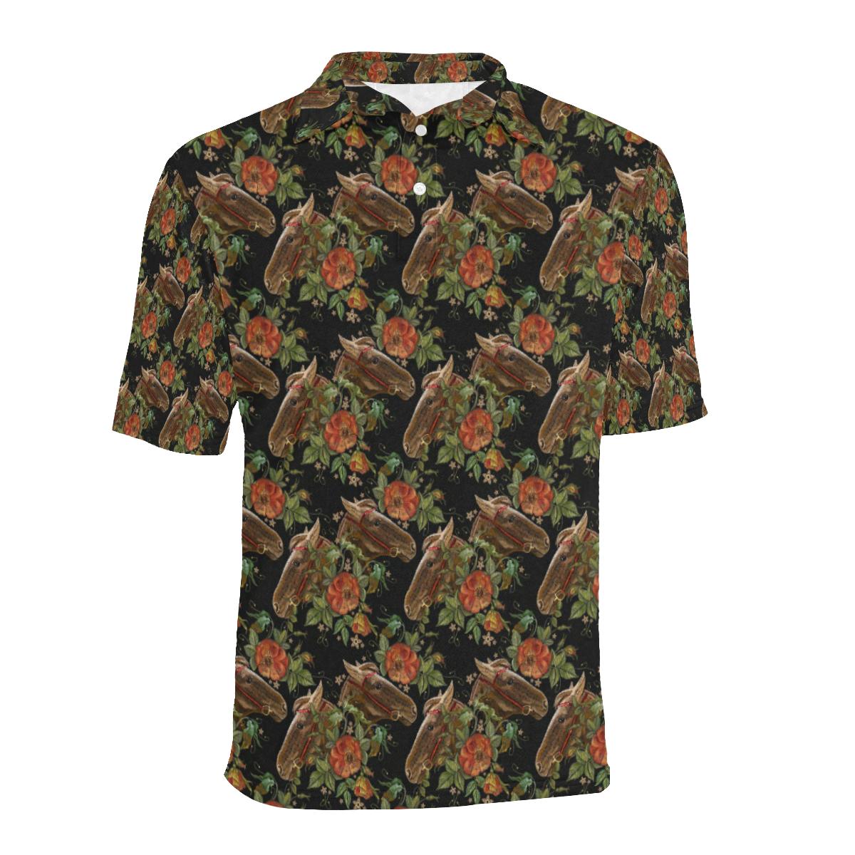 Horse Embroidery With Flower Design Men Polo Shirt - Bluefink
