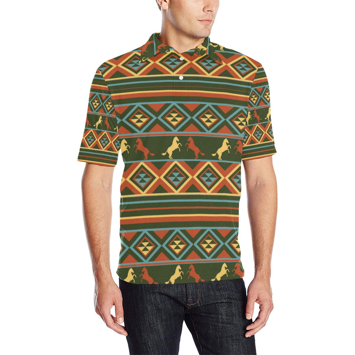Horse Western Pattern Men Polo Shirt - Bluefink