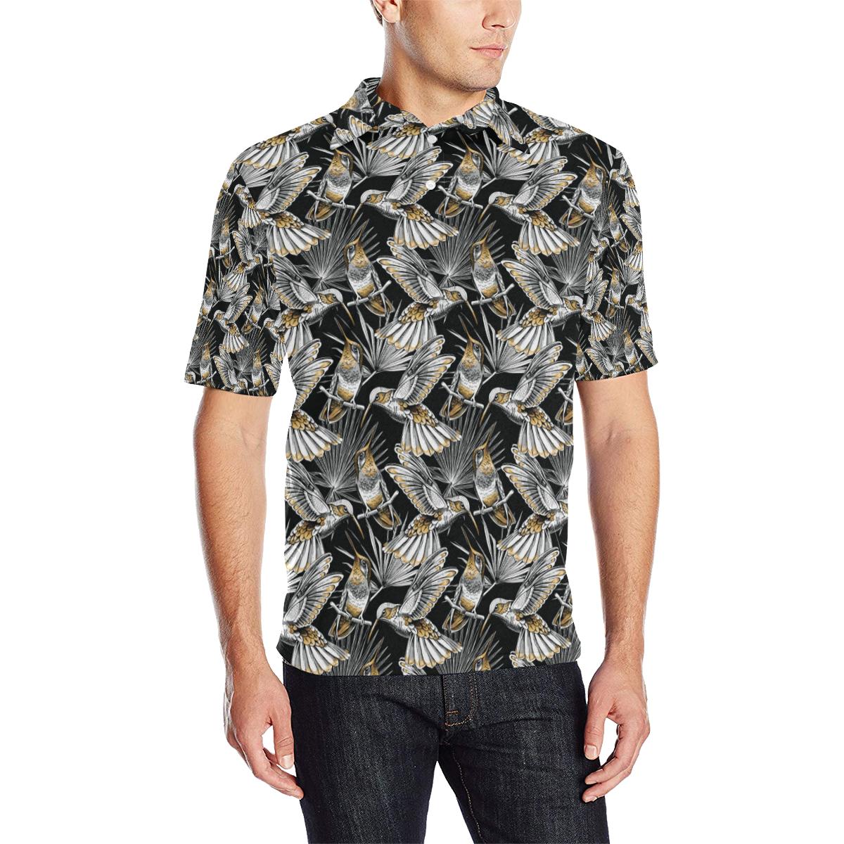 Hummingbird Gold Design Themed Print Men Polo Shirt - Bluefink