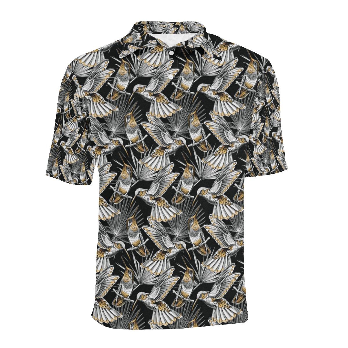 Hummingbird Gold Design Themed Print Men Polo Shirt - Bluefink