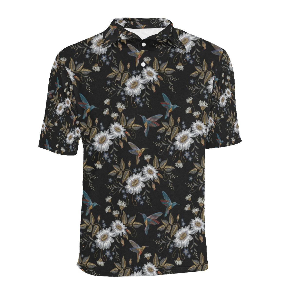 Hummingbird With Embroidery Themed Print Men Polo Shirt - Bluefink