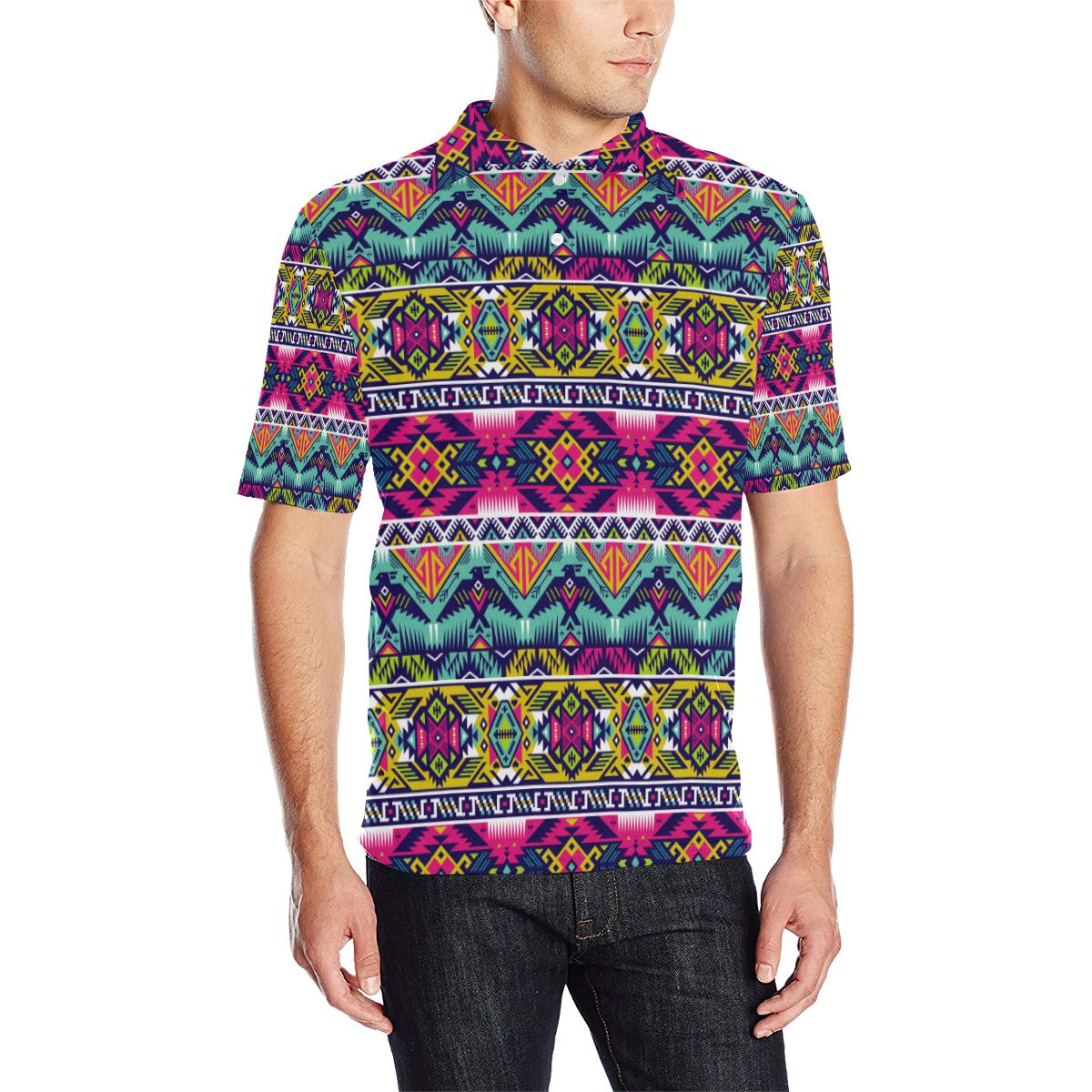 Indian Navajo Color Themed Design Print Men Polo Shirt - Bluefink
