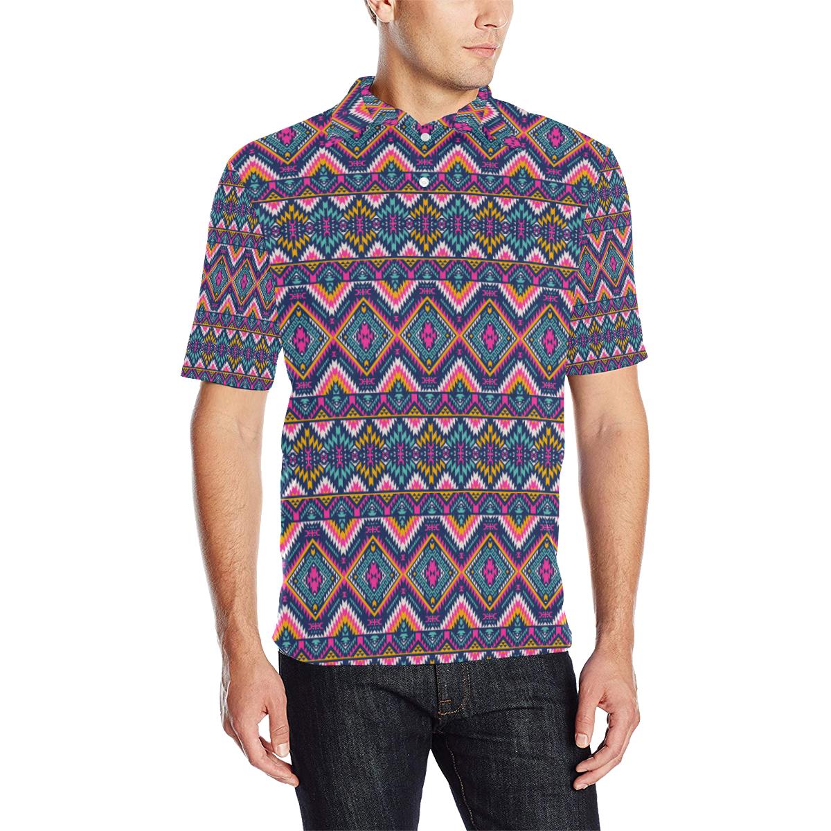 Indian Navajo Pink Themed Design Print Men Polo Shirt - Bluefink