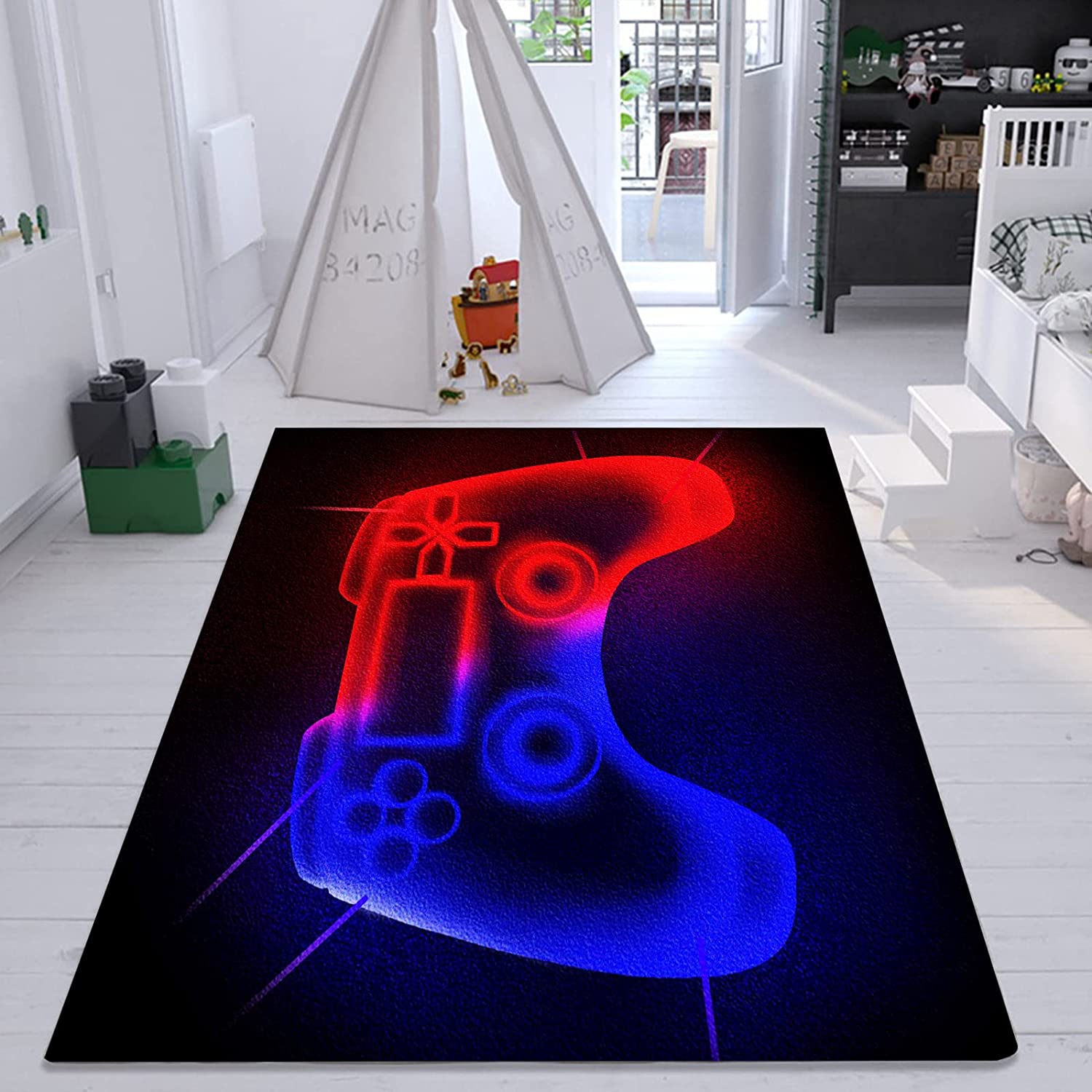 Modern Gaming Area Rug for Kids Room with Blue Game Controller Print ...