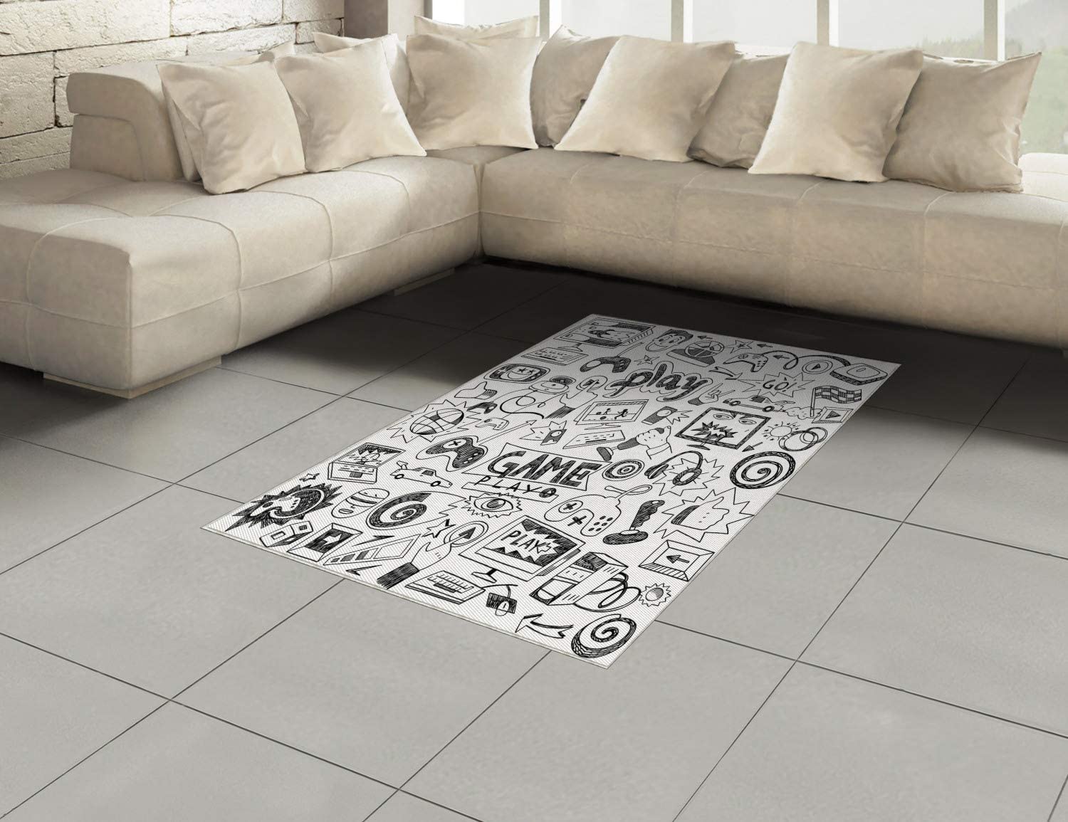 Monochrome Area Rug - Sketch Style Gaming Design with Racing Monitor ...