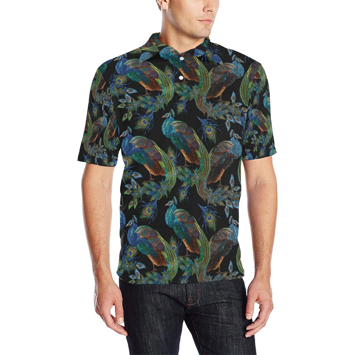 Peacock Pattern Print Design Men Polo Shirt - Bluefink
