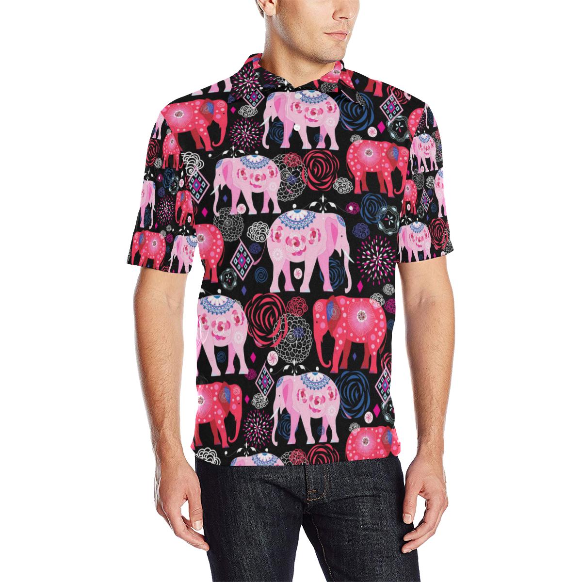 Pink Elephant Pattern Men Polo Shirt - Bluefink
