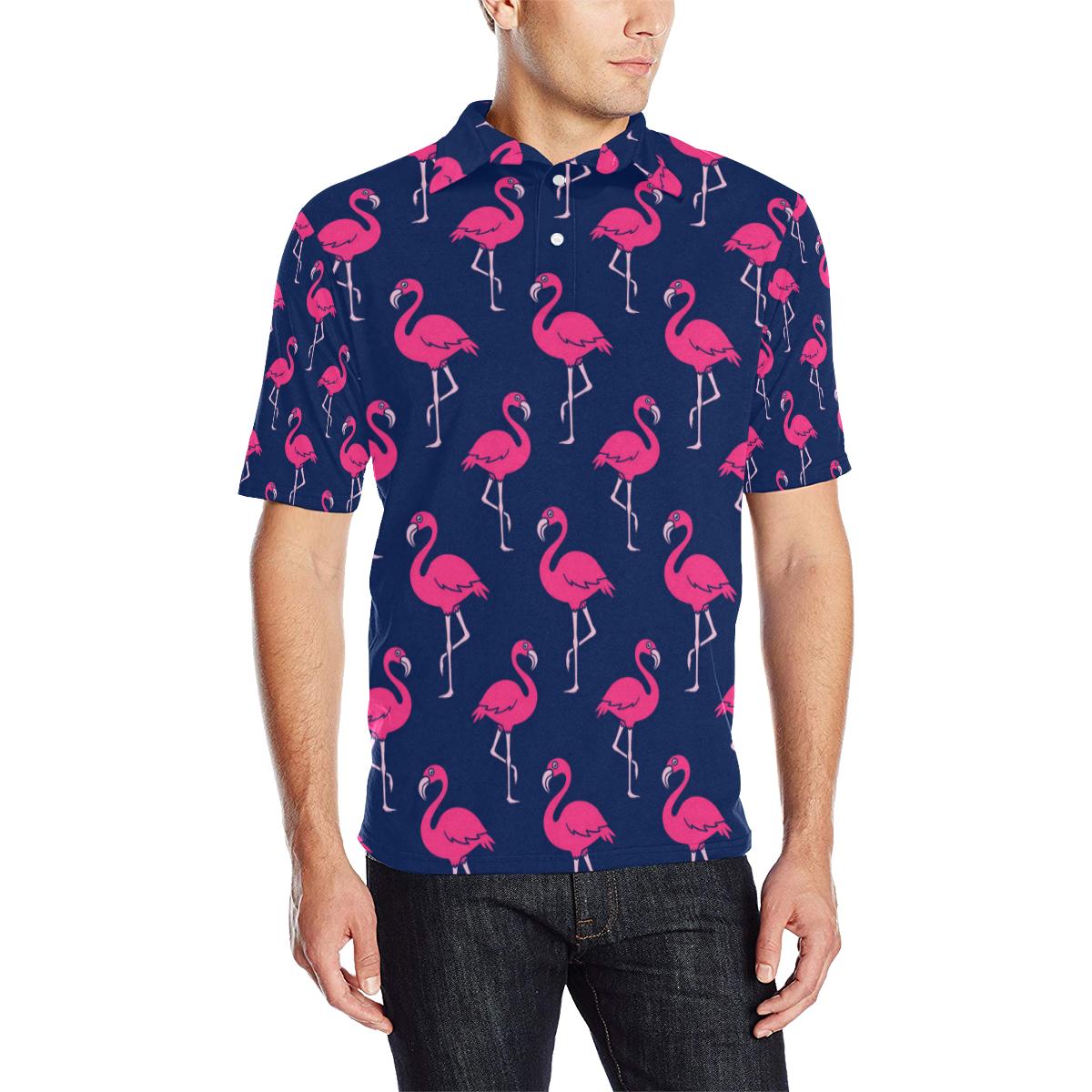 Pink Flamingo Pattern Men Polo Shirt - Bluefink