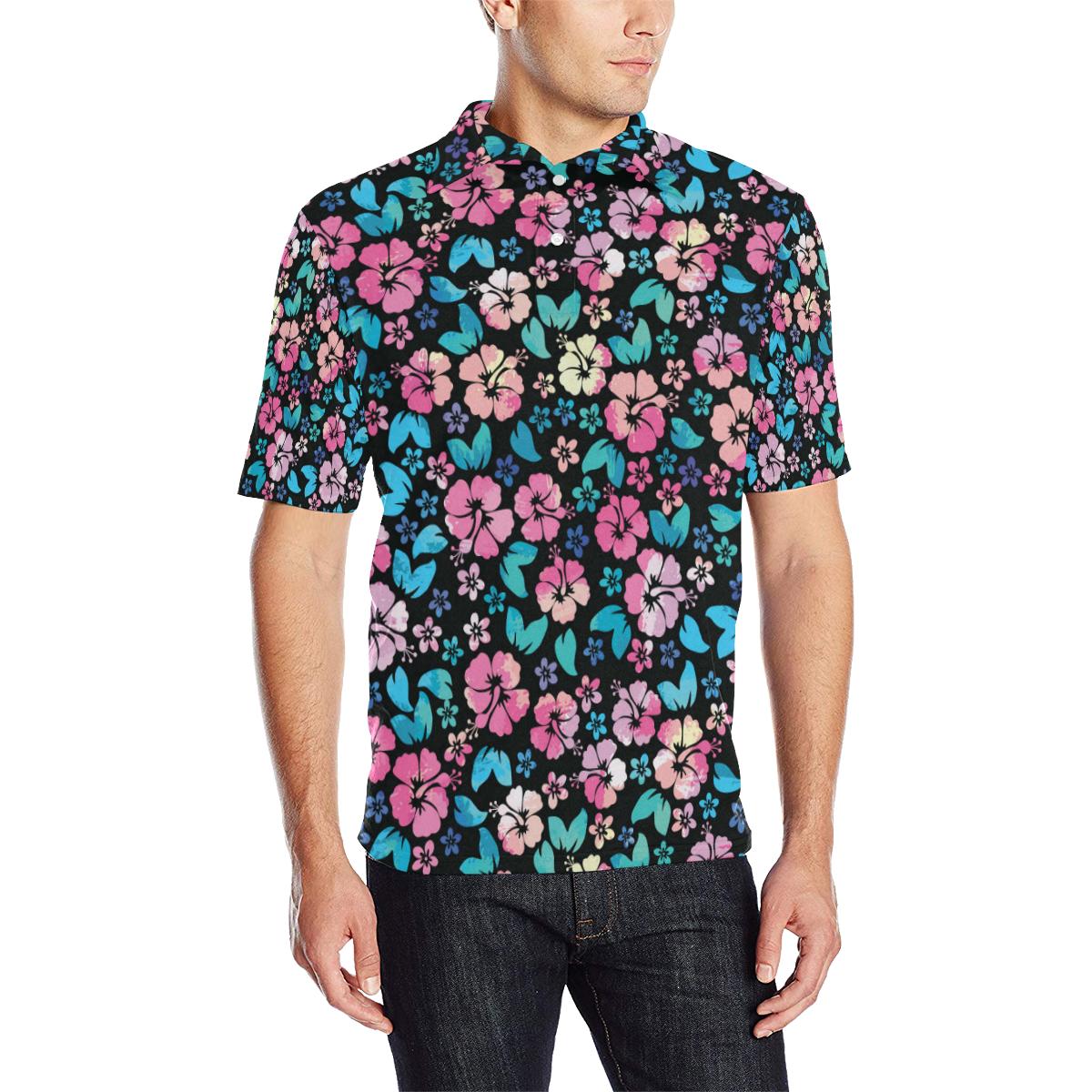 Pink Hibiscus Hawaiian Flower Men Polo Shirt - Bluefink