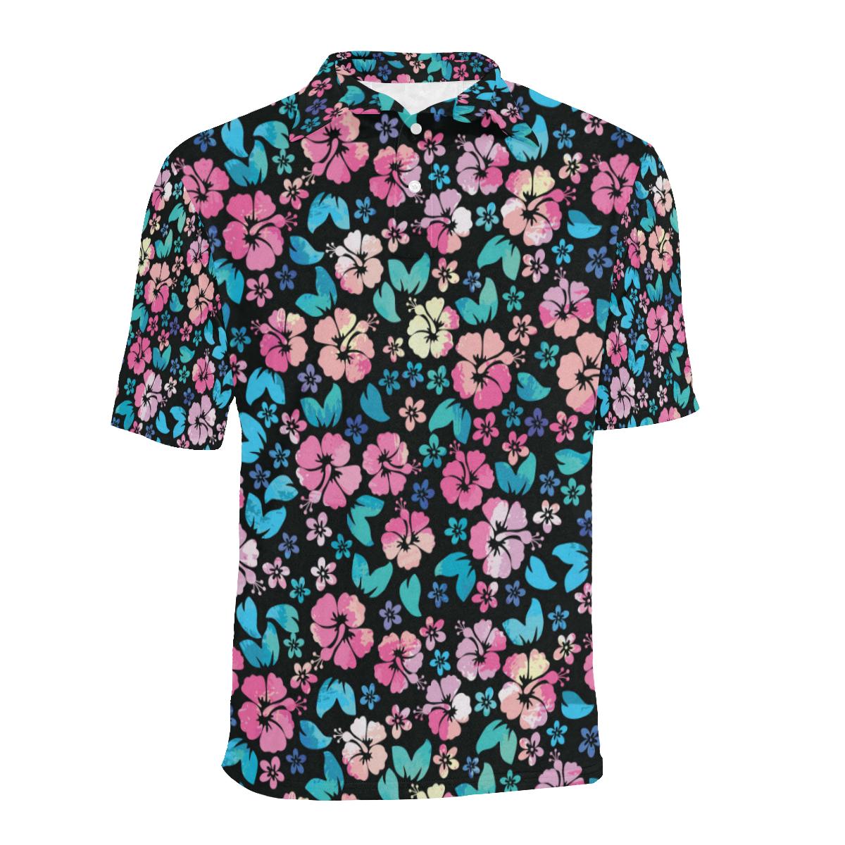 Pink Hibiscus Hawaiian Flower Men Polo Shirt - Bluefink